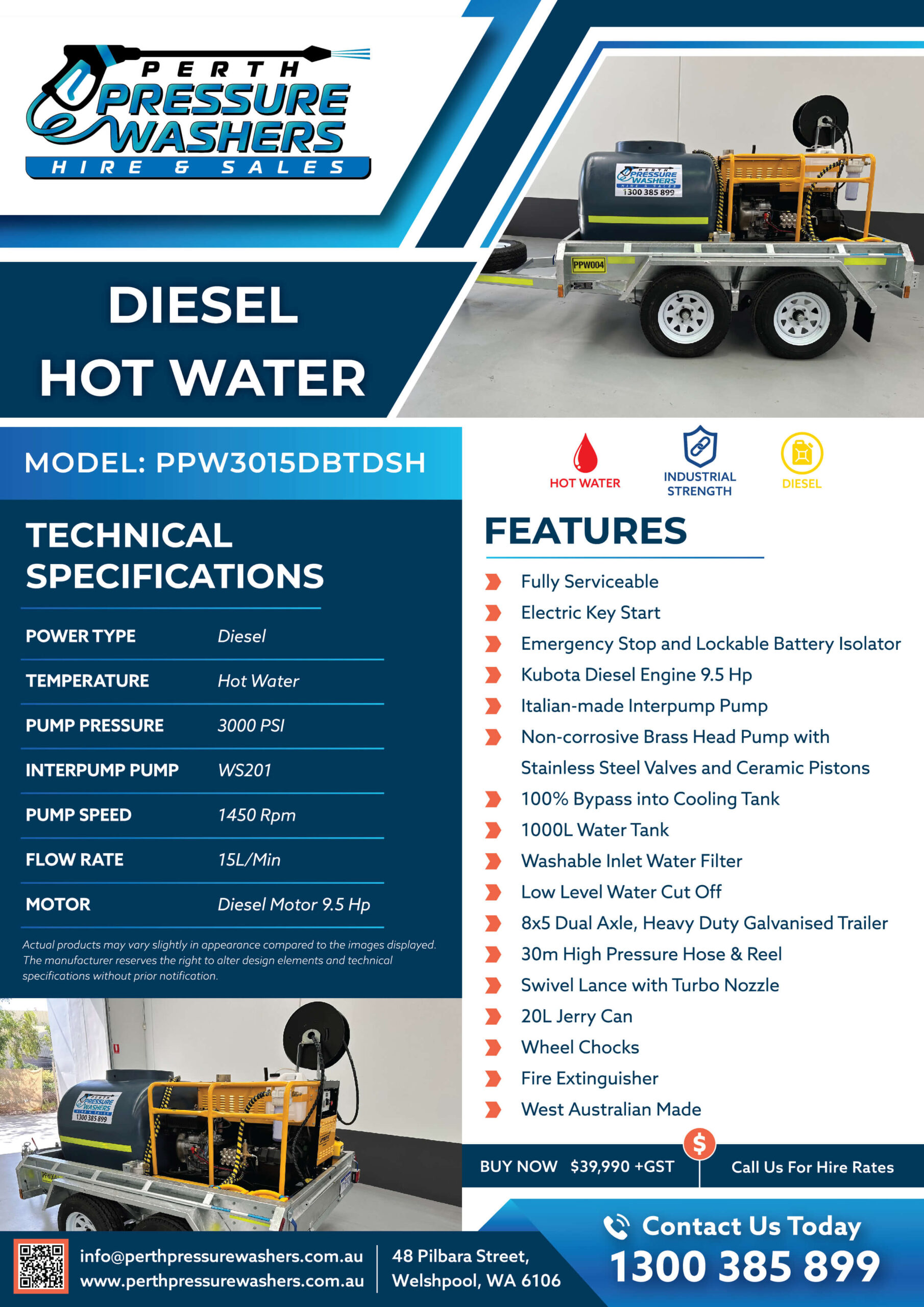 PPW3015PBTDSC Diesel Hot Water 3000psi 15lpm Trailer Mounted SH - Perth ...